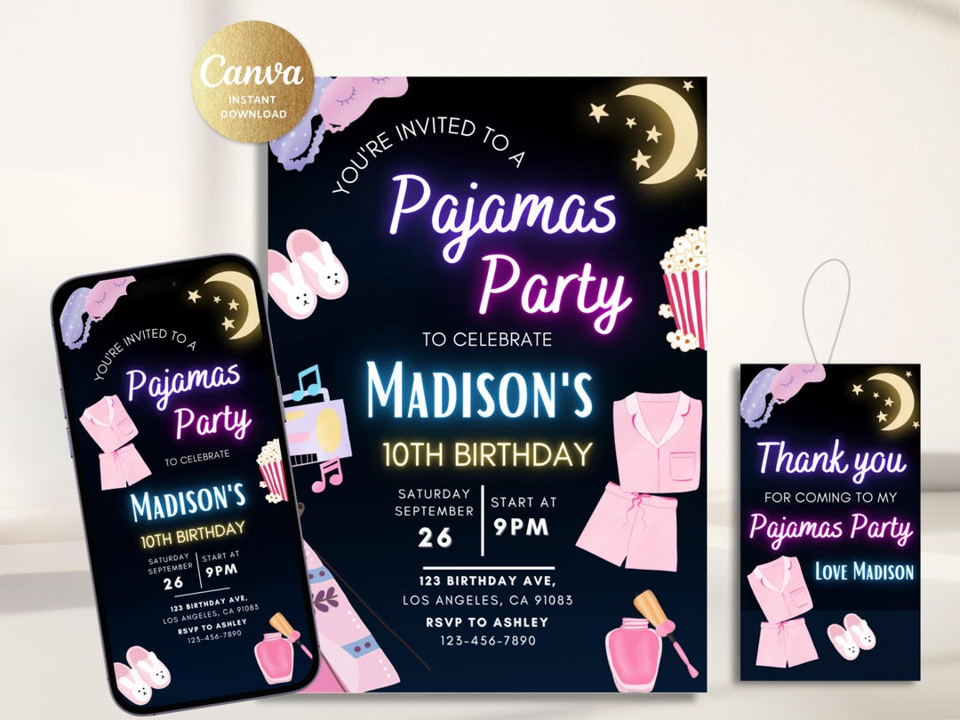 Sleepover Pajama Party Invite Editable Birthday Invite for Kids ...
