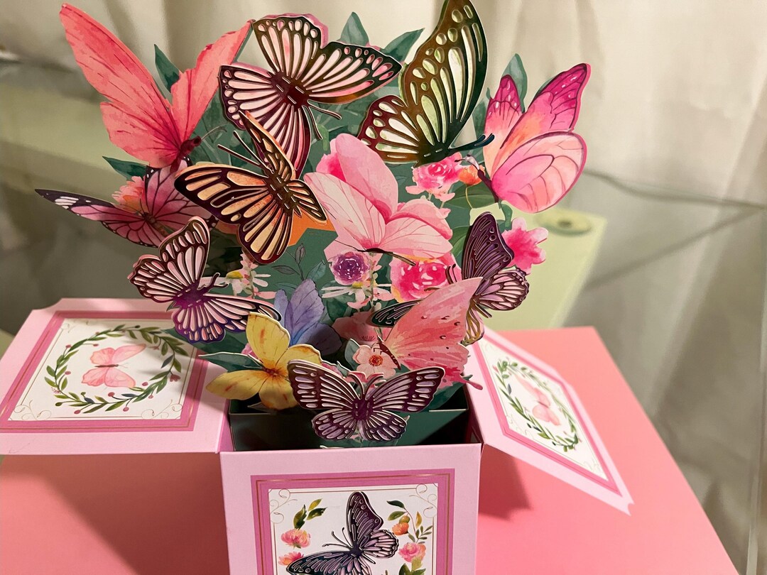 3D Pop-up Beautiful Pink Butterflies Flying Out of a Pink Present Card ...