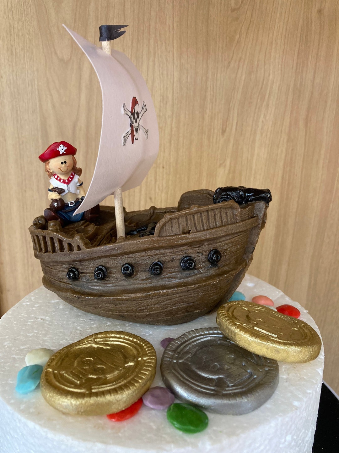 Edible Fondant Pirate Ship Cake Topper With Treasure Including - Etsy