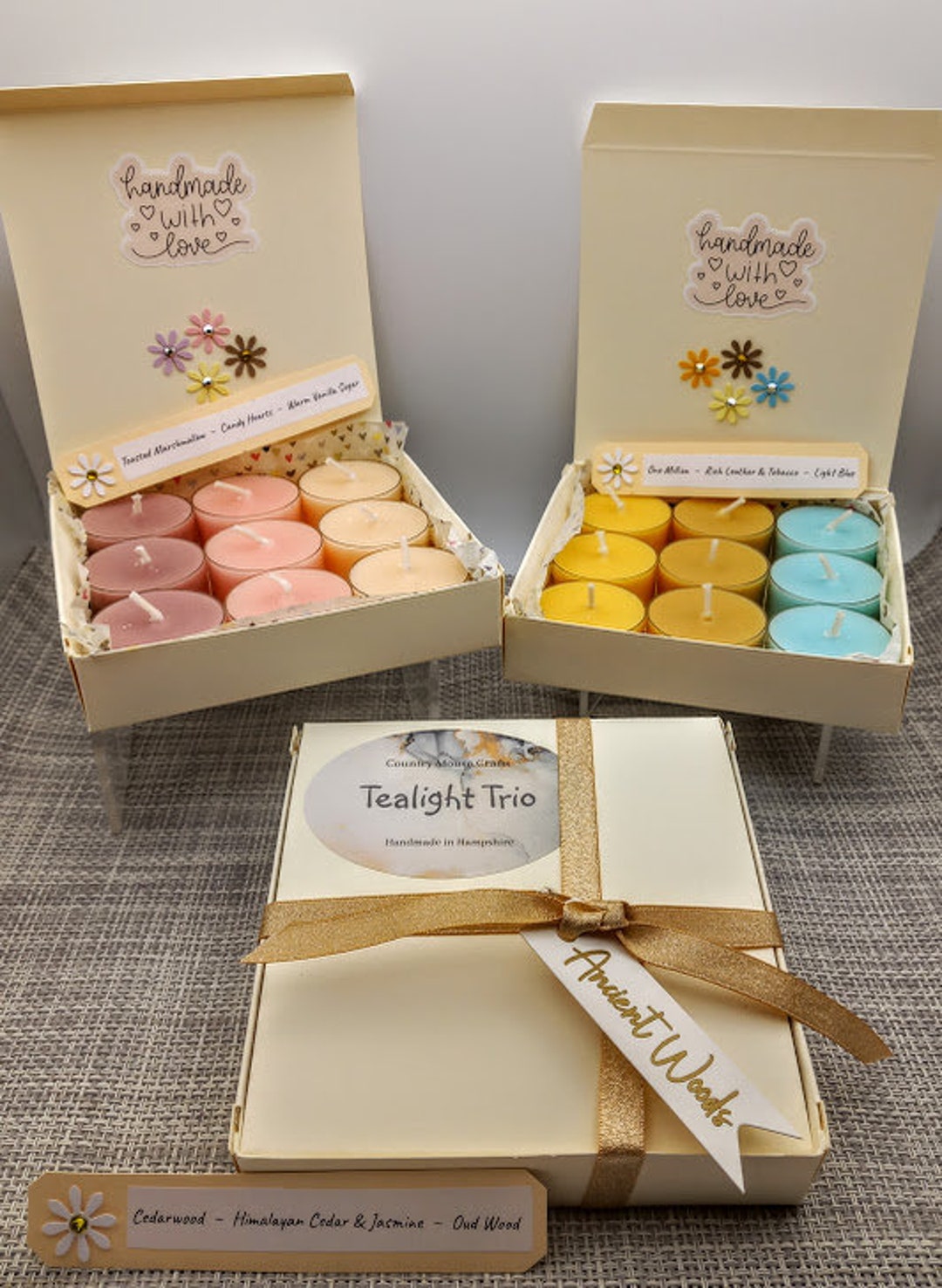 Tealight Trio Pretty Themed Boxes of 9 Beautiful Hand Poured Coloured ...