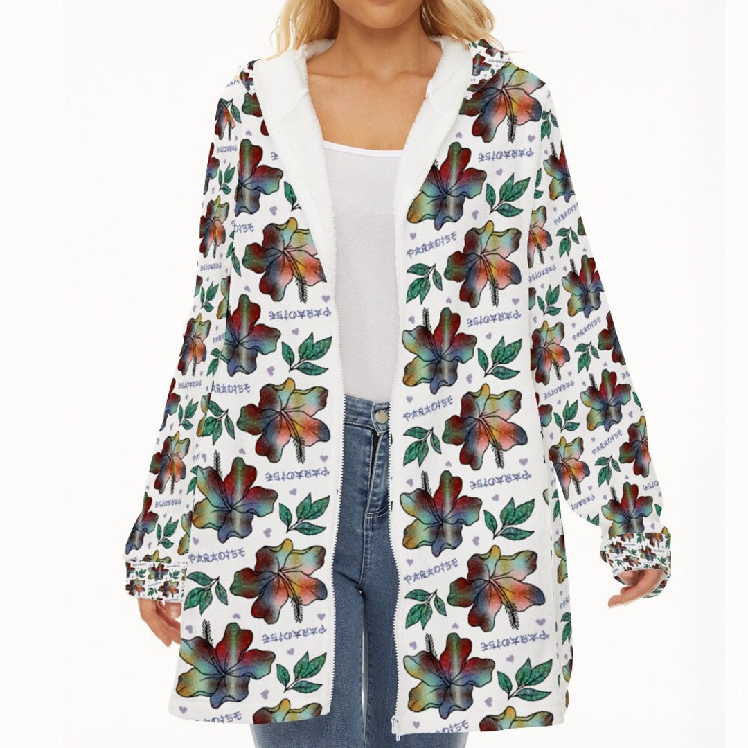 Hibiscus Long Hoodie, Gyaru Winter Coat, Thigh Length Hoodie, Hooded ...