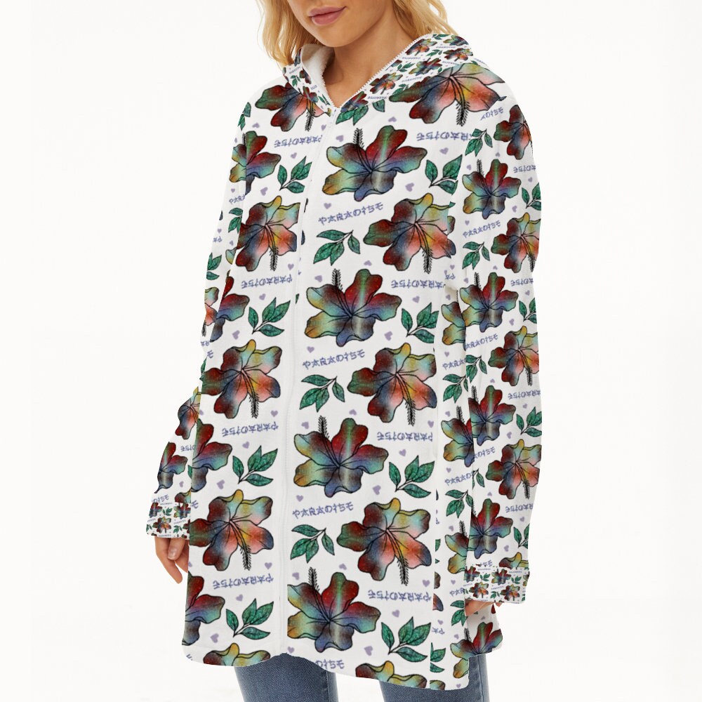 Hibiscus Long Hoodie, Gyaru Winter Coat, Thigh Length Hoodie, Hooded ...