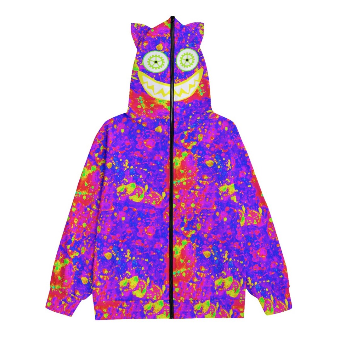 Neon Cyber Kei Zip Face Hoodie, Neon Punk Jacket, Decorative Ear Hoodie ...