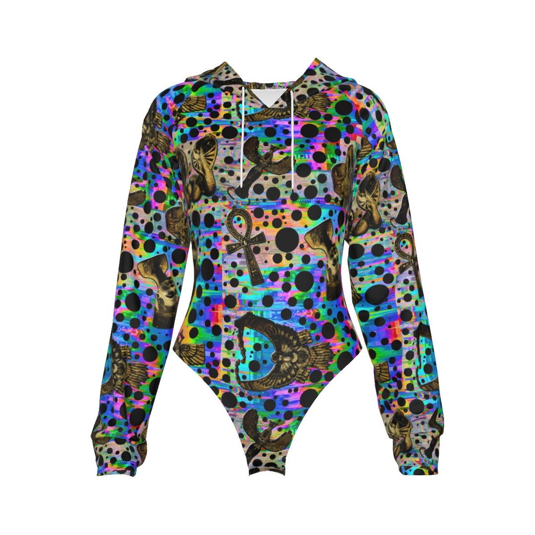 Egyptian Glitchcore Hooded Bodysuit, Glitch Ankara Bodysuit, Rainbow ...