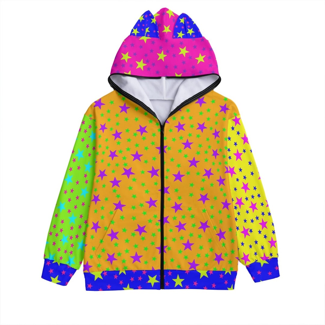 Neon Stars Zip Face Hoodie, Neon Punk Jacket, Decorative Ear Hoodie ...