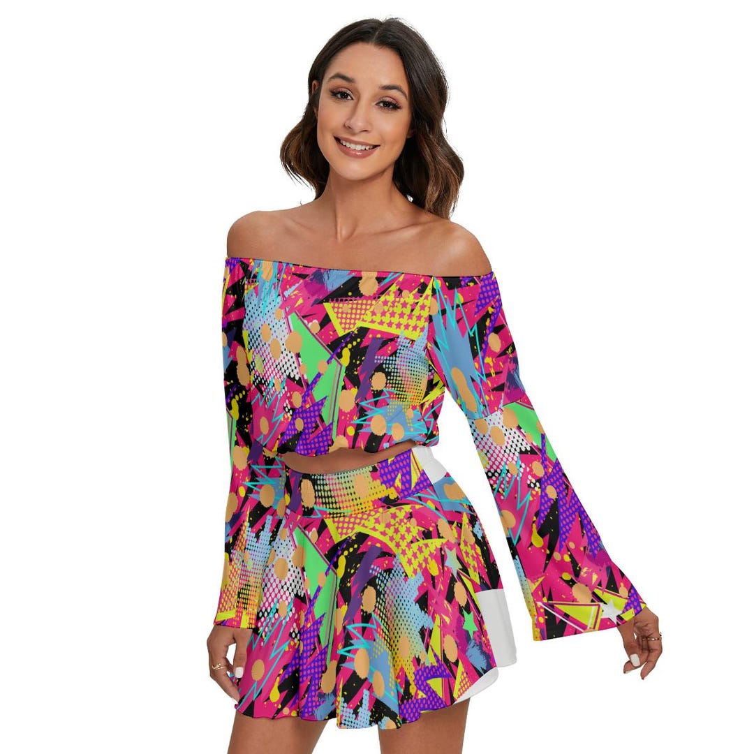 80s Abstract Clothes, Colourful Skirt, Harajuku Fashion, Skirt and Top ...