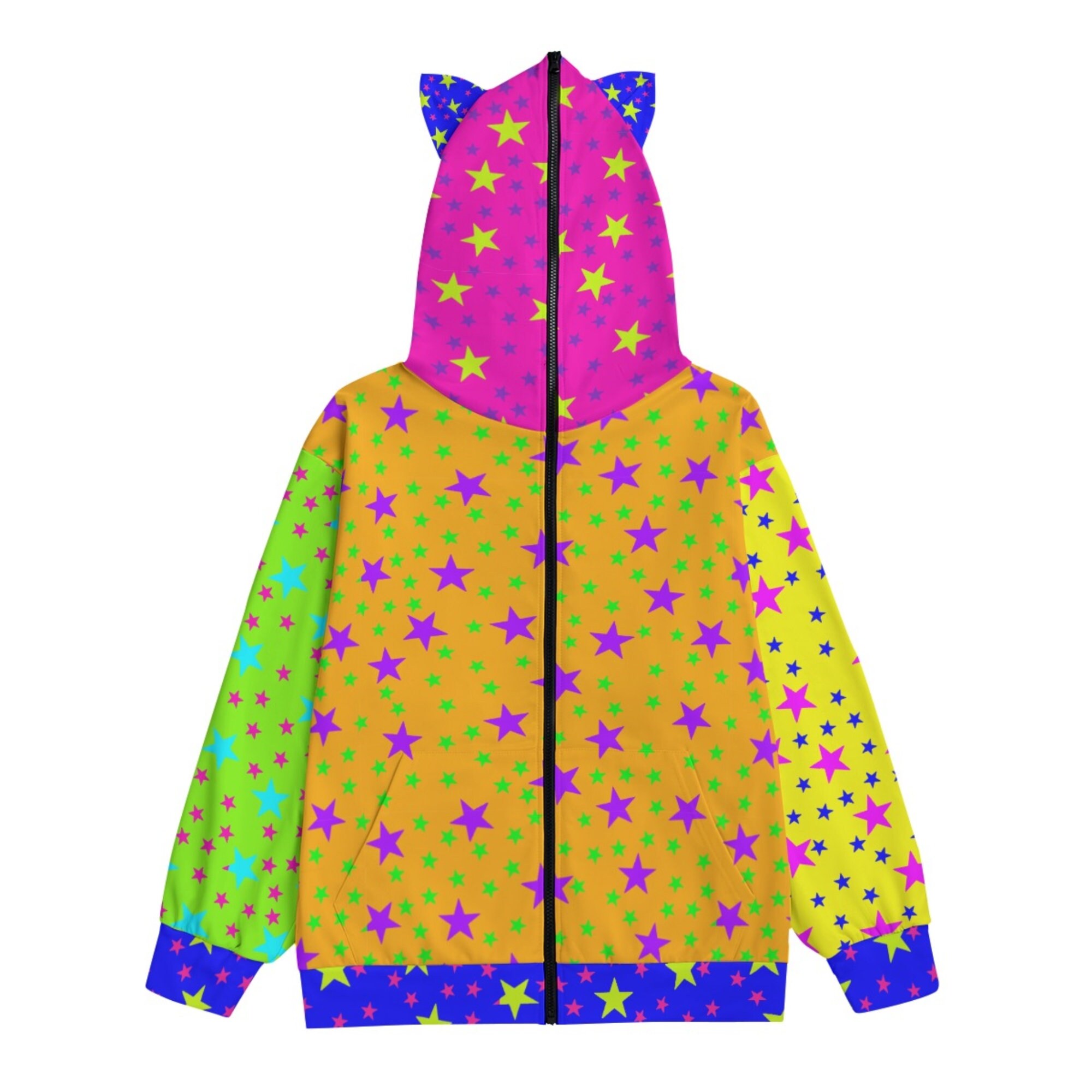 Neon Stars Zip Face Hoodie, Neon Punk Jacket, Decorative Ear Hoodie ...