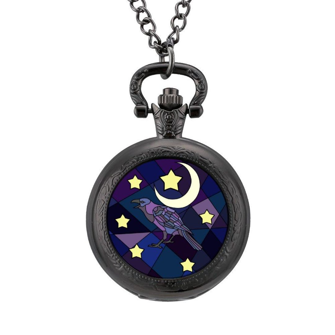 Crow Pocket Watch, Stained Glass Vintage Style Gift, Genderless Fashion ...