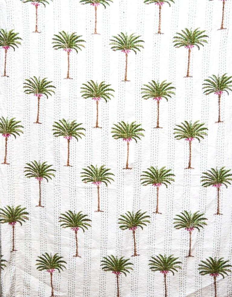 Palm Tree Print White Quilt Indian Kantha Quilt Cotton - Etsy