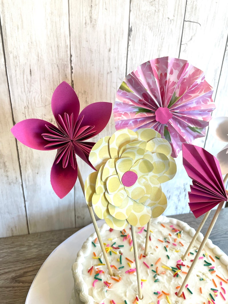 Flower Garden Tall Cake Toppers in Pink and Yellow | Paper Flowers and ...