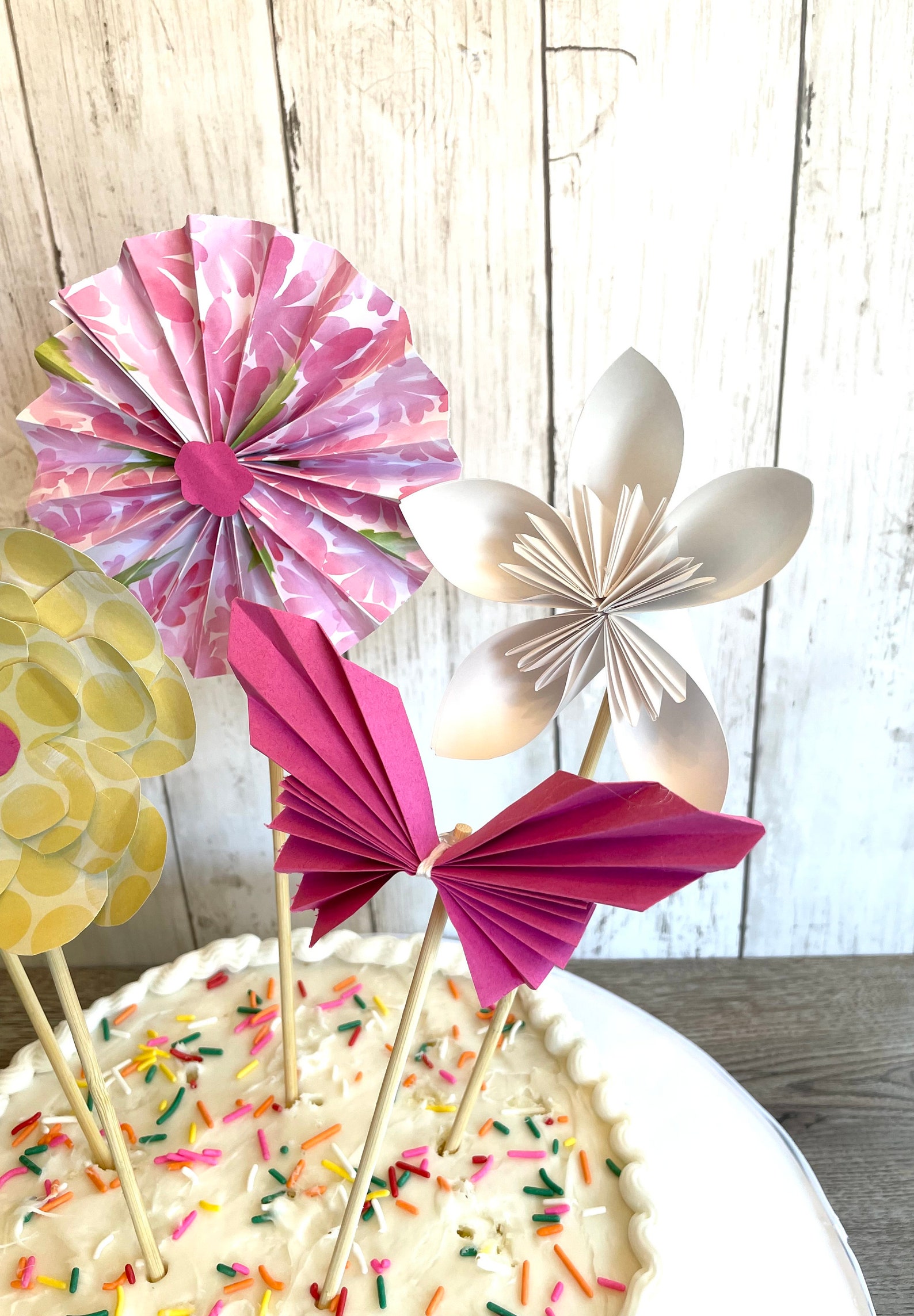 Flower Garden Tall Cake Toppers in Pink and Yellow | Paper Flowers and ...
