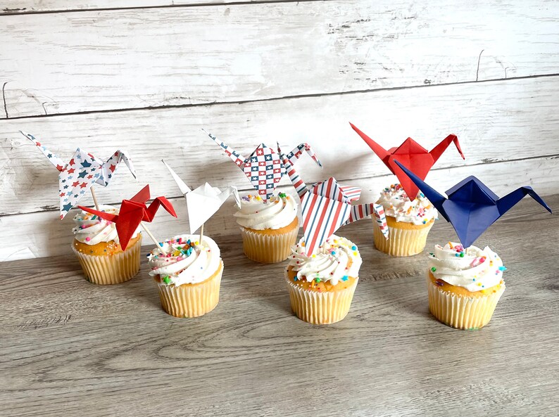 14-pack of Patriotic Red, White & Blue Origami Crane Cupcake Toppers ...