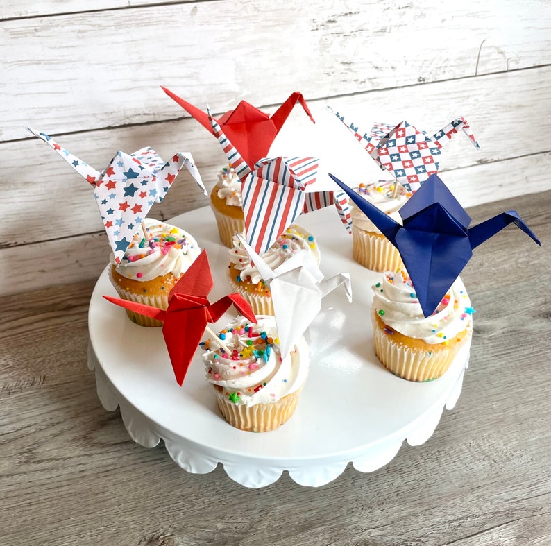 14-pack of Patriotic Red, White & Blue Origami Crane Cupcake Toppers ...