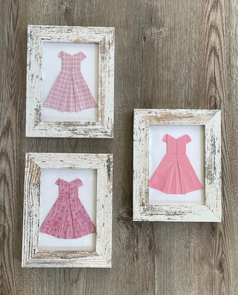 Set of 3 Shabby Chic Framed Paper Origami Dresses | Pastel Pink ...