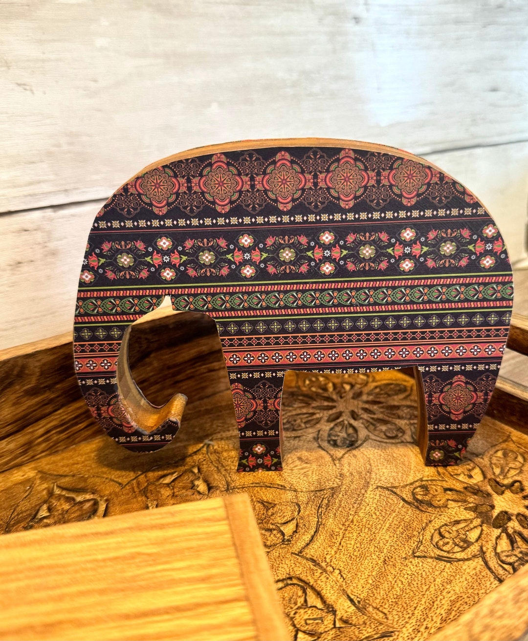 Wooden Elephant Figurine Decorated in Eastern Inspired Patterns | Home ...