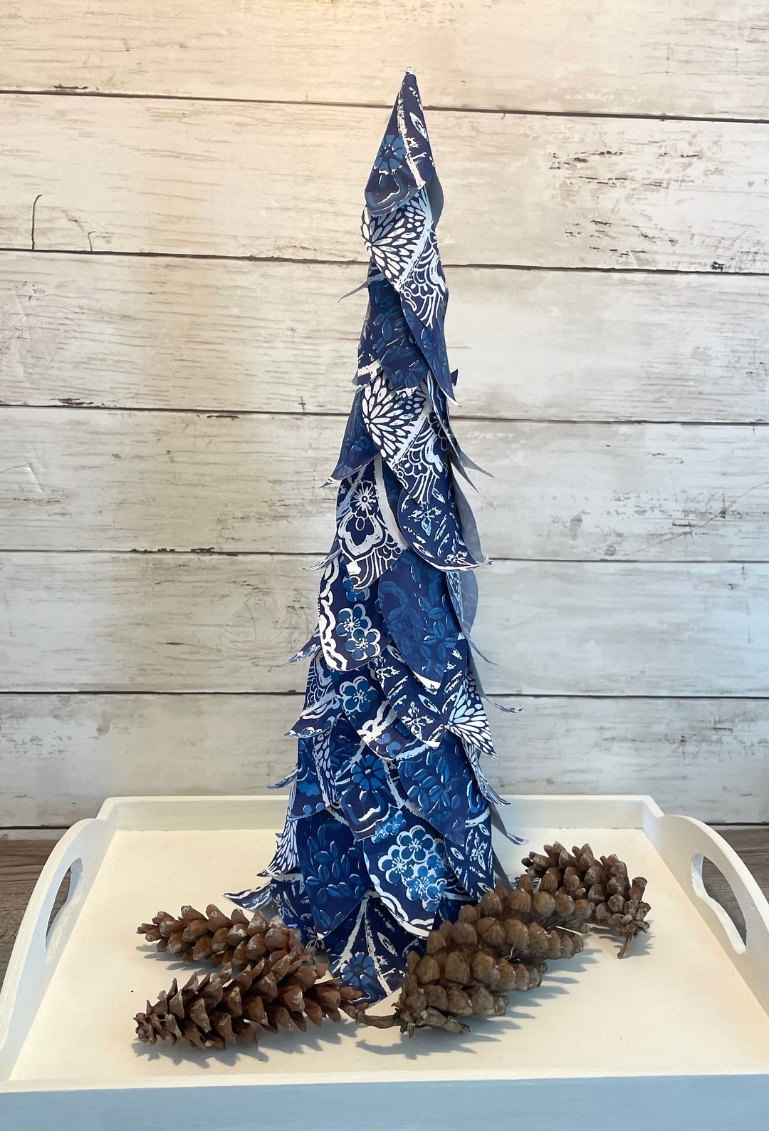 Blue and White Tabletop Holiday Tree | Small Cone Tree Christmas ...