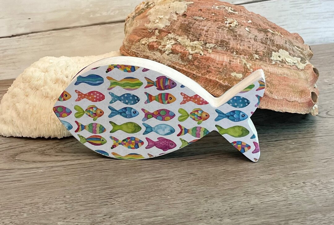 Wooden Fish Shelf Sitter | Decoupaged Fish Shape | Beach Shelf Decor ...