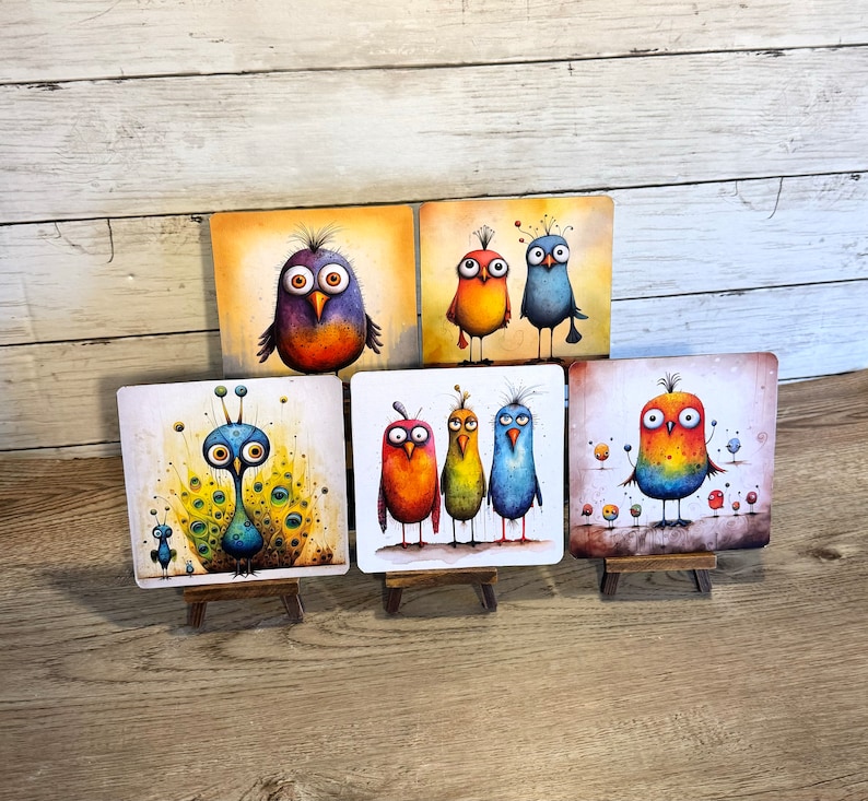 Quirky Birds Mini Art With Easels Small Whimsical Bird Signs for Home ...