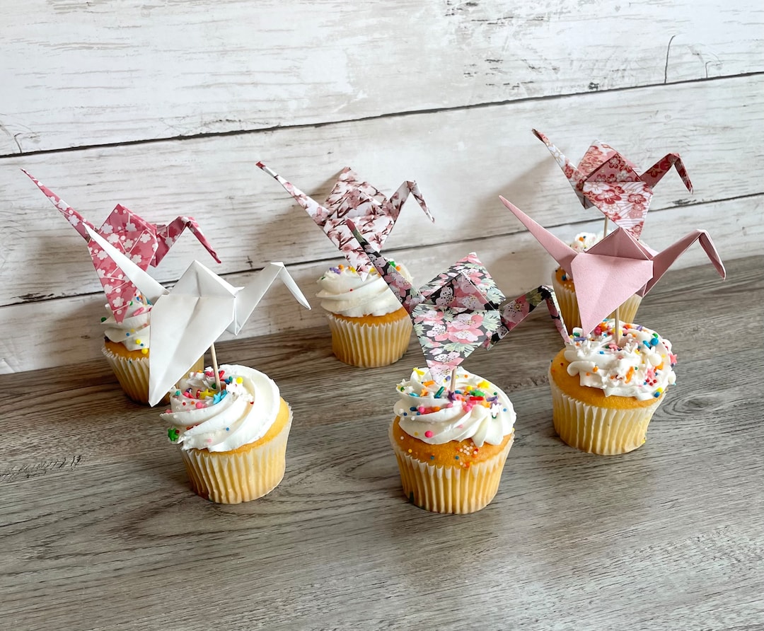 14-pack of Cherry Blossom Origami Crane Cupcake Toppers for Cherry ...