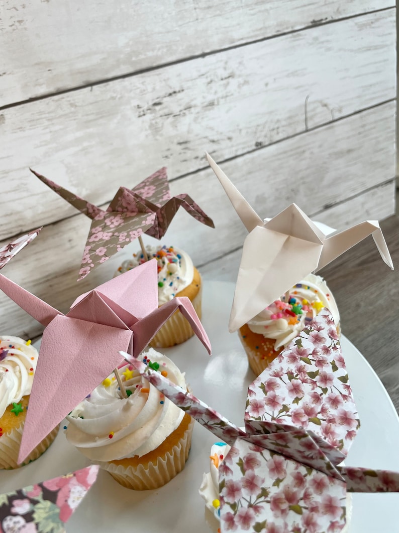 14-pack of Cherry Blossom Origami Crane Cupcake Toppers for Cherry ...