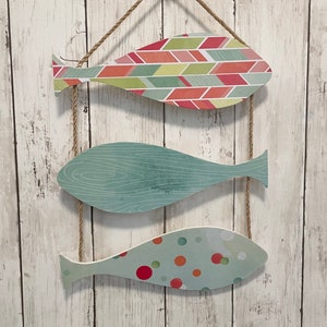 Set of 3 Decoupaged Wood Fish in Coral, Blue and Green Patterns ...