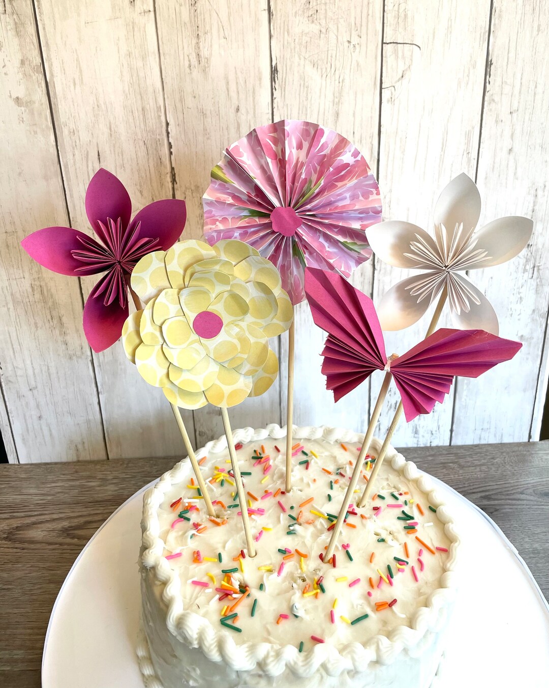 Flower Garden Tall Cake Toppers in Pink and Yellow | Paper Flowers and ...