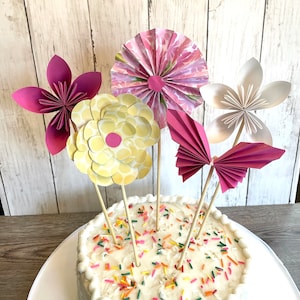Flower Garden Tall Cake Toppers in Pink and Yellow | Paper Flowers and ...
