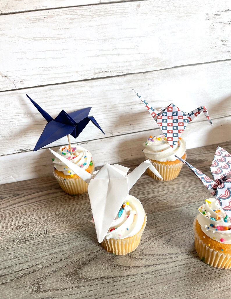 14-pack of Patriotic Red, White & Blue Origami Crane Cupcake Toppers ...