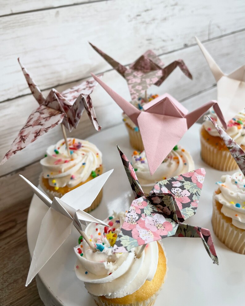 14-pack of Cherry Blossom Origami Crane Cupcake Toppers for Cherry ...