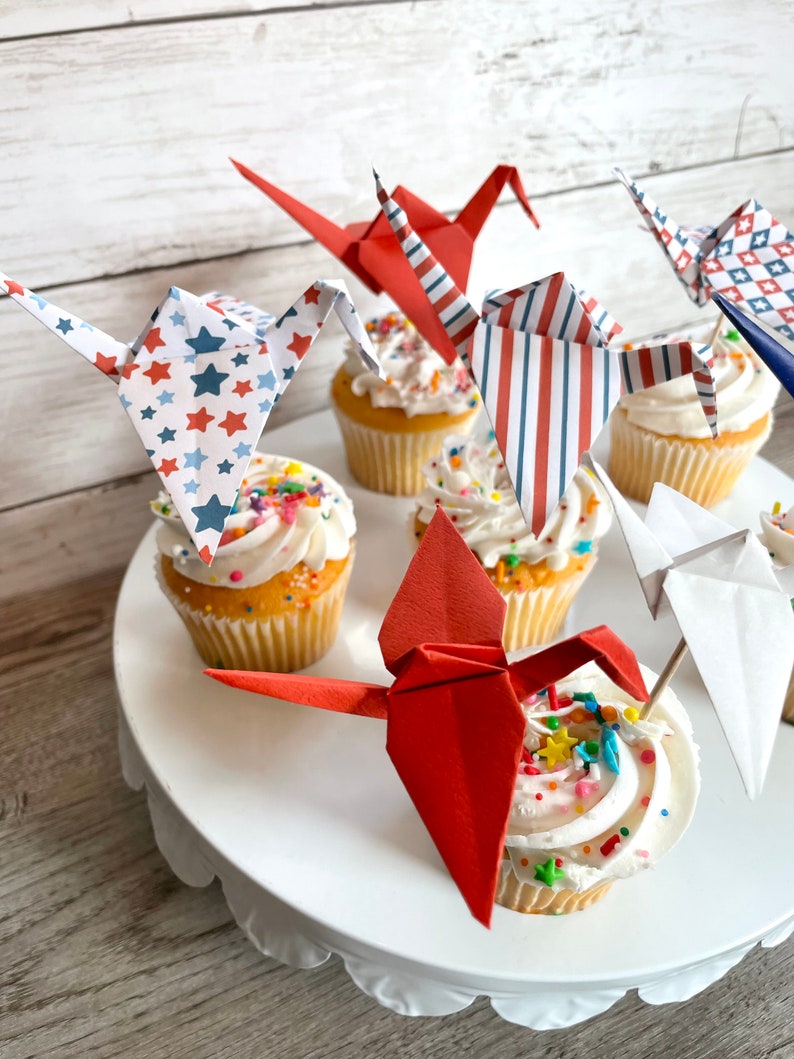 14-pack of Patriotic Red, White & Blue Origami Crane Cupcake Toppers ...