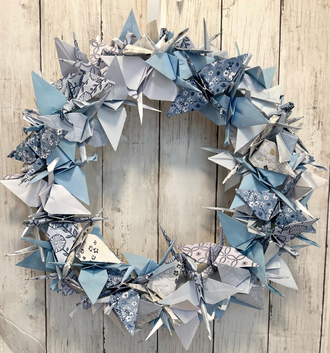 Indoor Light Blue Wreath Covered With Origami Cranes | Pretty Wall Art ...