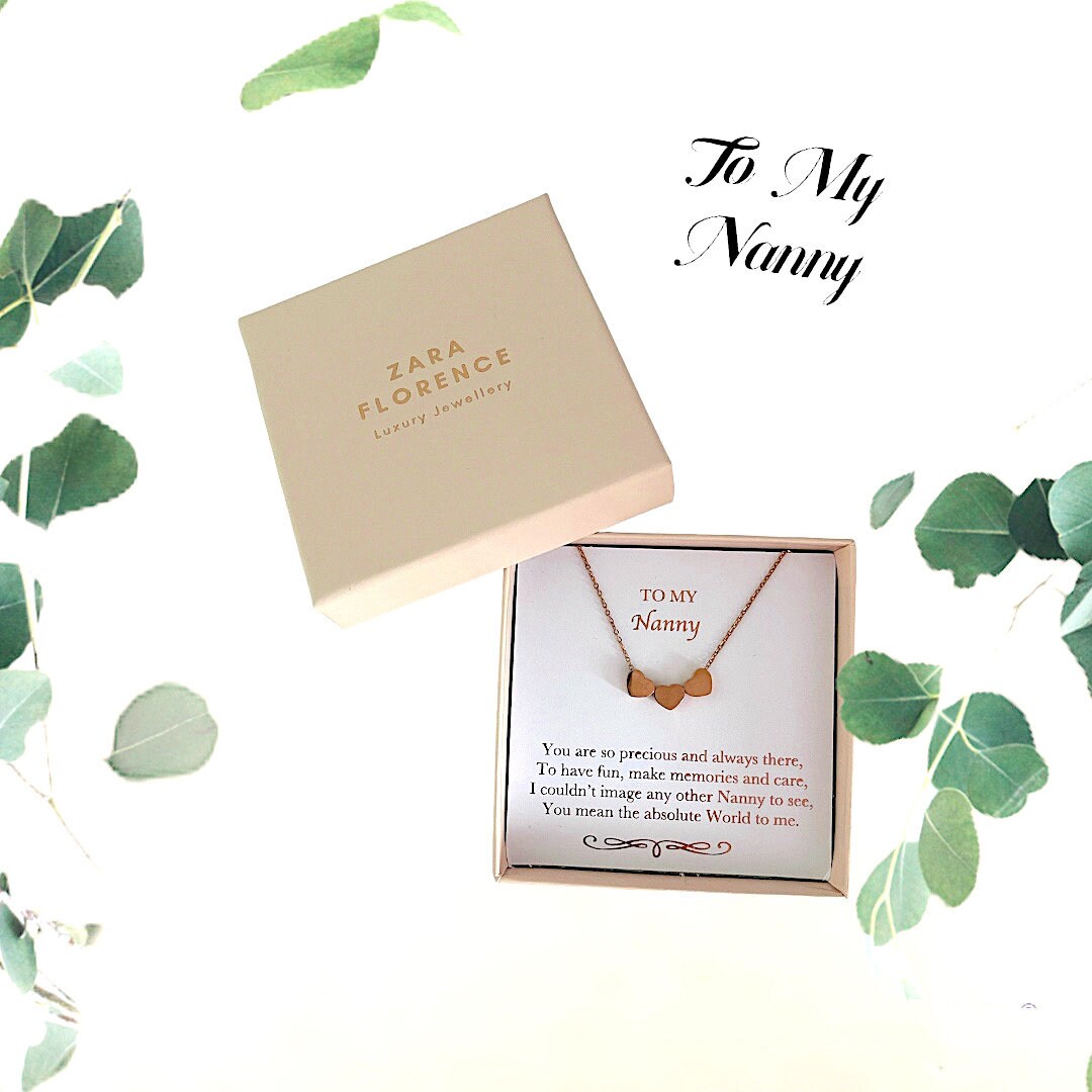 Nanny Poem Message Necklace, 3 Hearts Rose Gold Titanium, Personalised ...