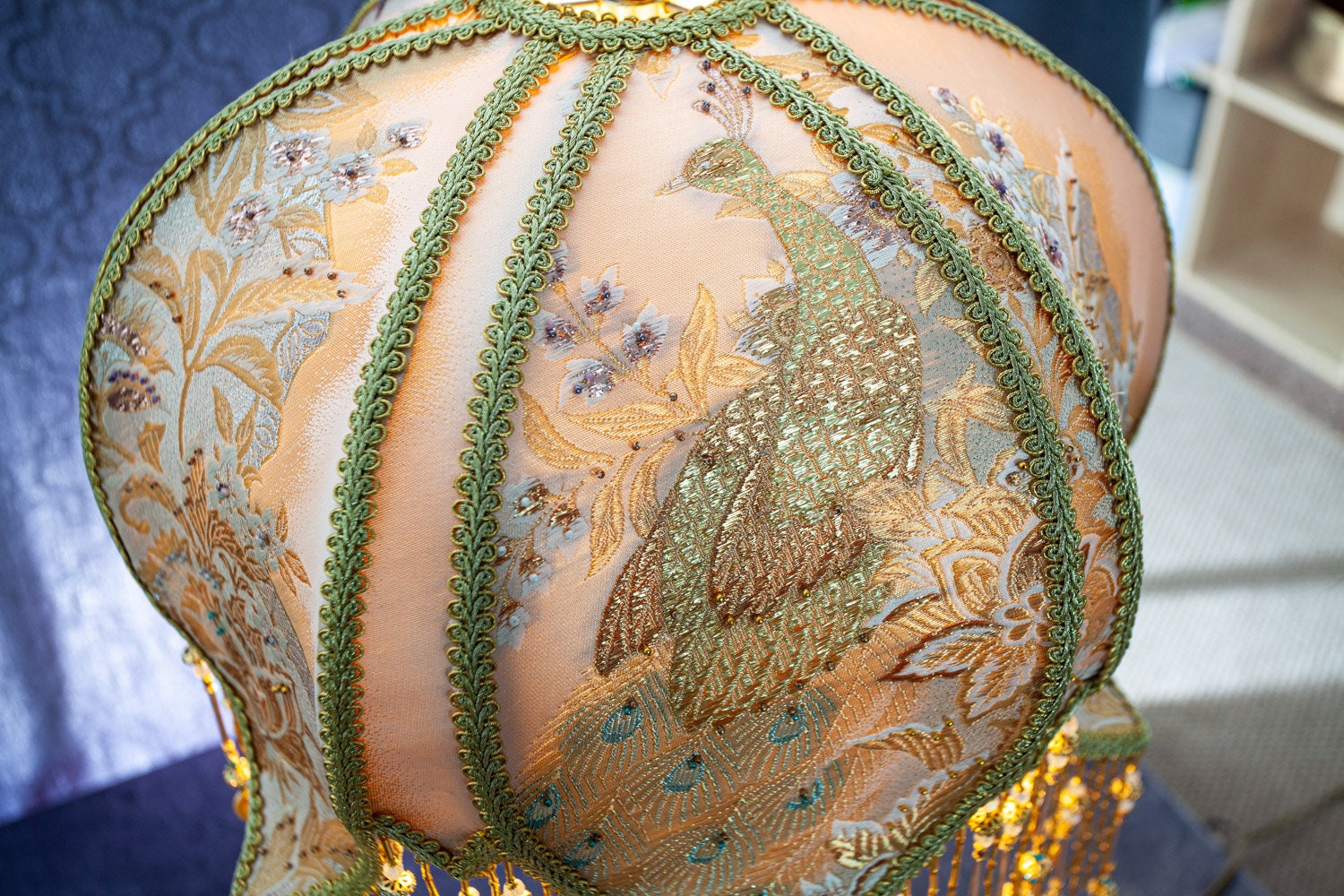 Golden Peacock Victorian Style Lampshade, Japanese Brocade, Glass ...
