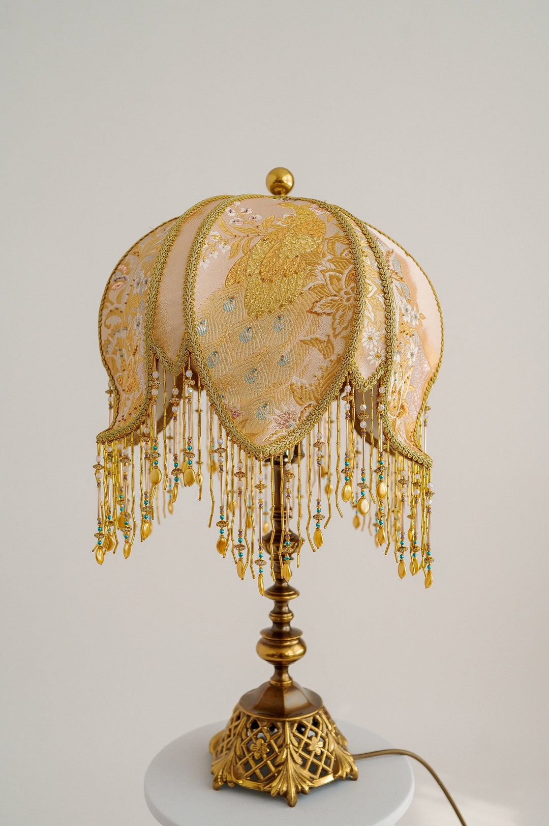 Golden Peacock Victorian Style Lampshade, Japanese Brocade, Glass ...
