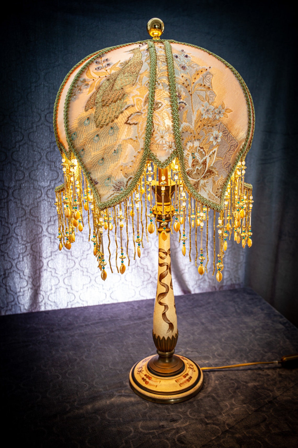 Golden Peacock Victorian Style Lampshade, Japanese Brocade, Glass ...