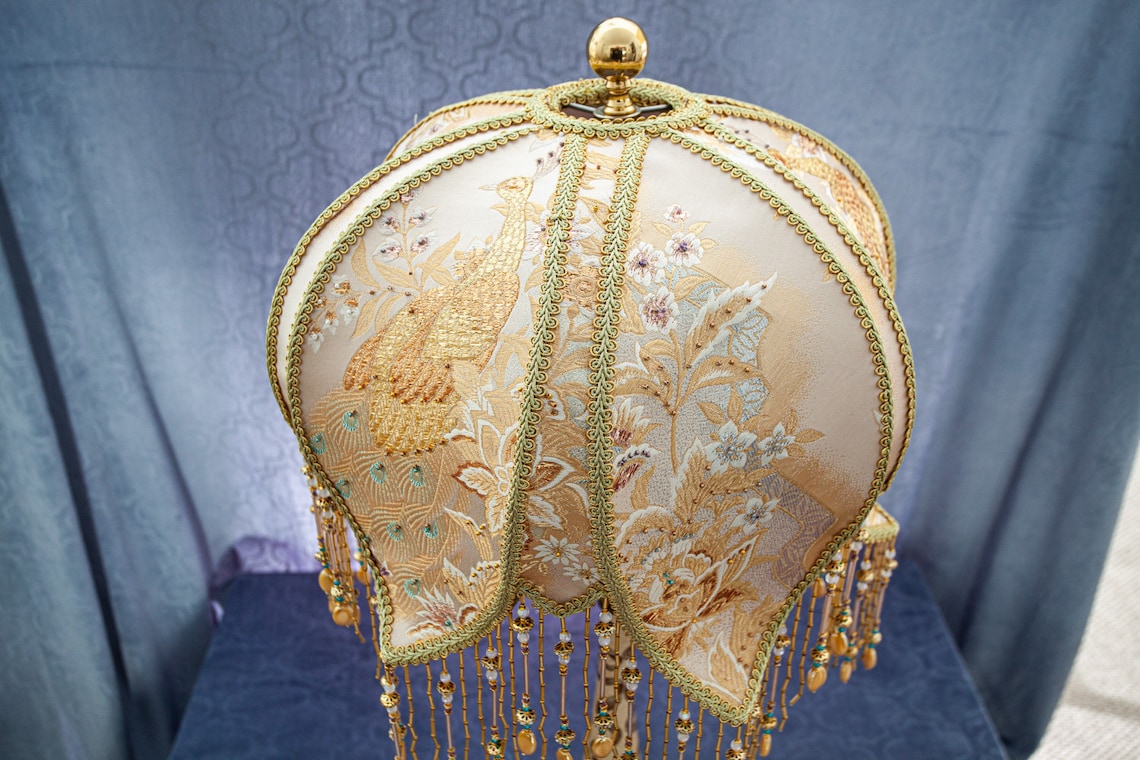 Golden Peacock Victorian Style Lampshade, Japanese Brocade, Glass ...