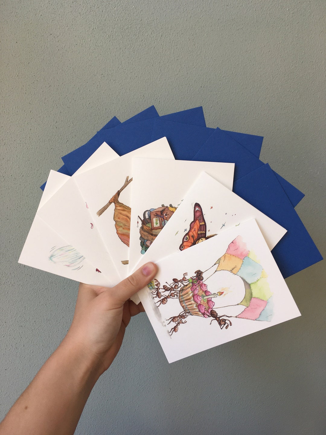 Buzzing postcards insects with envelopes butterfly grasshopper ants ...