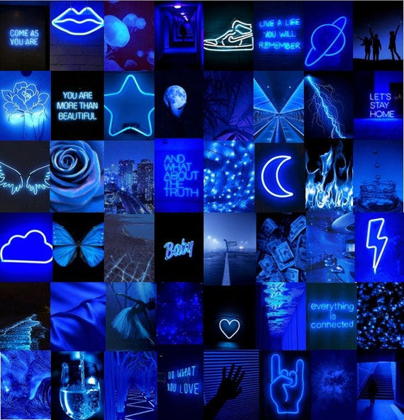 Neon Blue Aesthetic Photo Wall Collage Kit Etsy