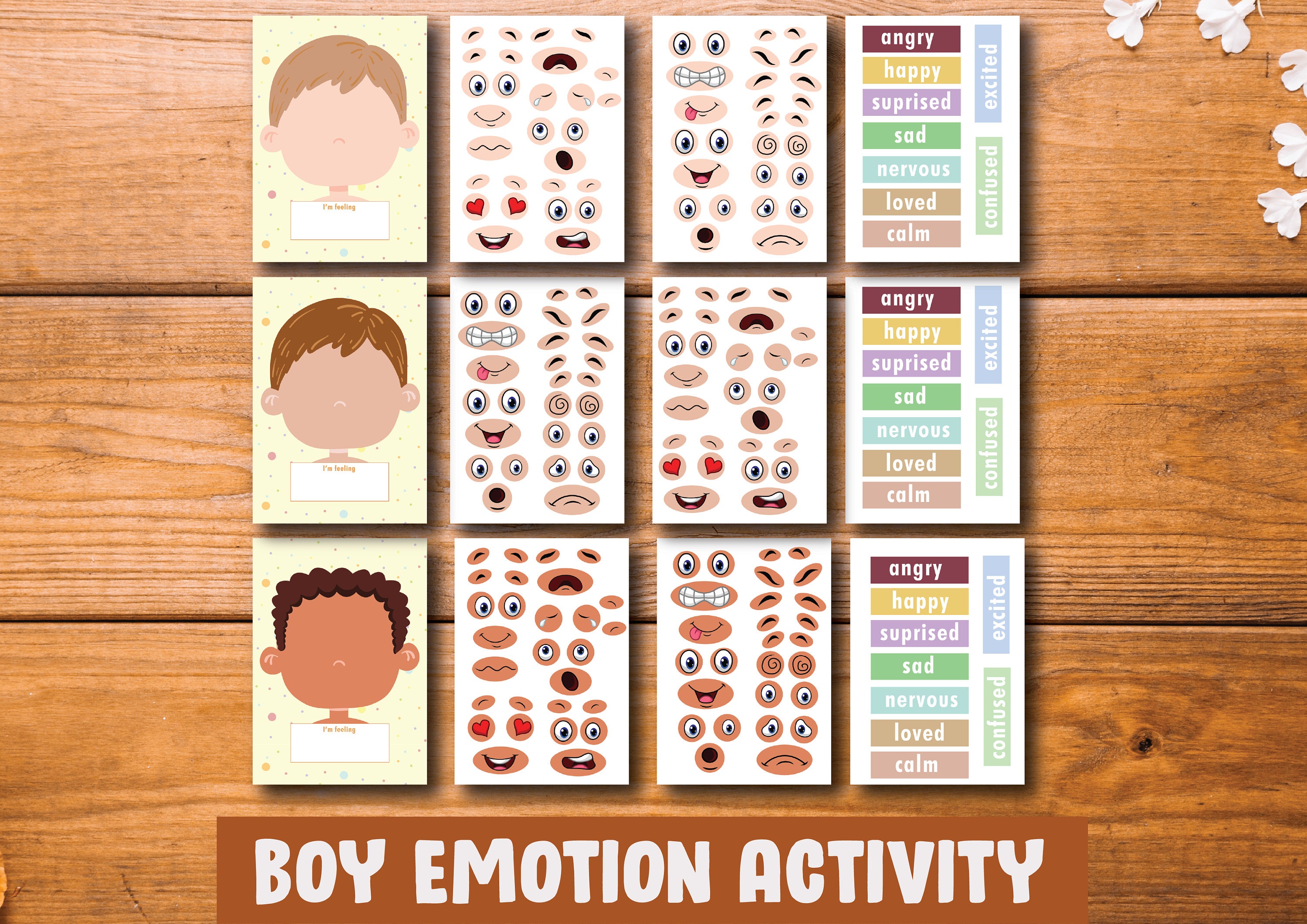 Emotions Activity for Kids Boy Version Toddler Feeling Chart Matching ...