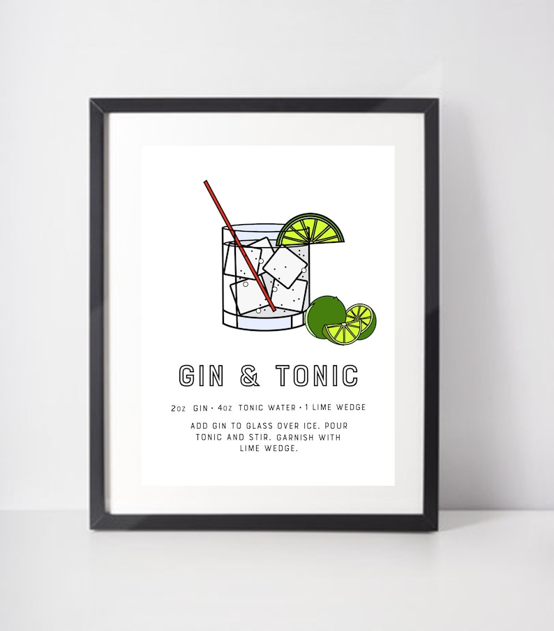 Gin and Tonic Cocktail Print Art With Classic Cocktail Recipe. - Etsy
