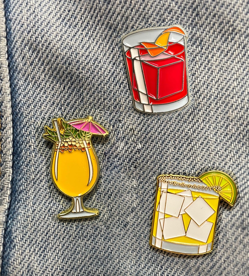 Cocktail Enamel Pins Set of 3 - Martini, Daiquiri, Whiskey. Drinks and ...
