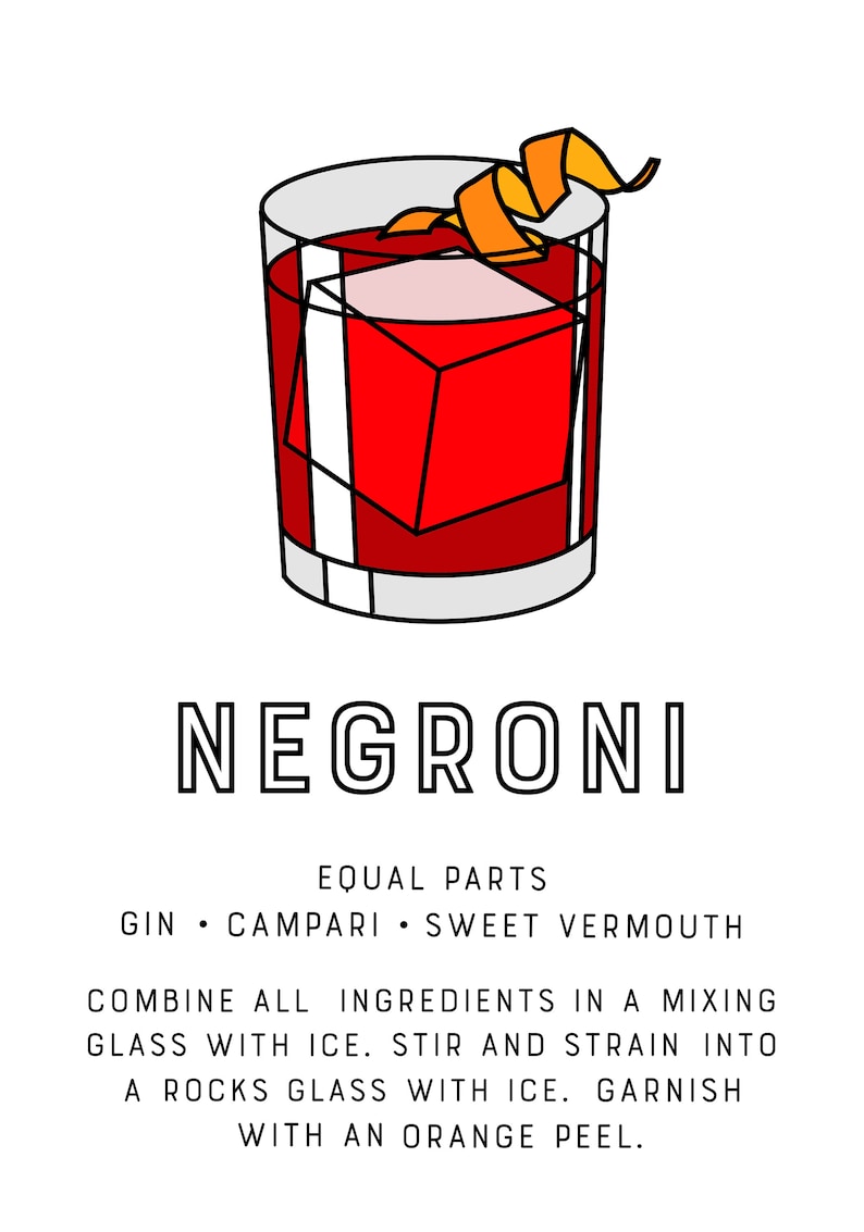 Negroni Cocktail Print Art Poster With Classic Cocktail Recipe. Drinks ...