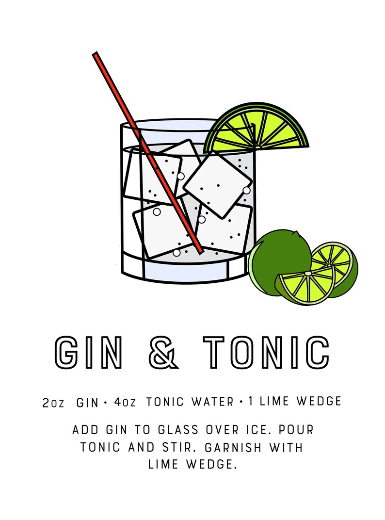 Gin and Tonic Cocktail Print Art With Classic Cocktail Recipe. - Etsy