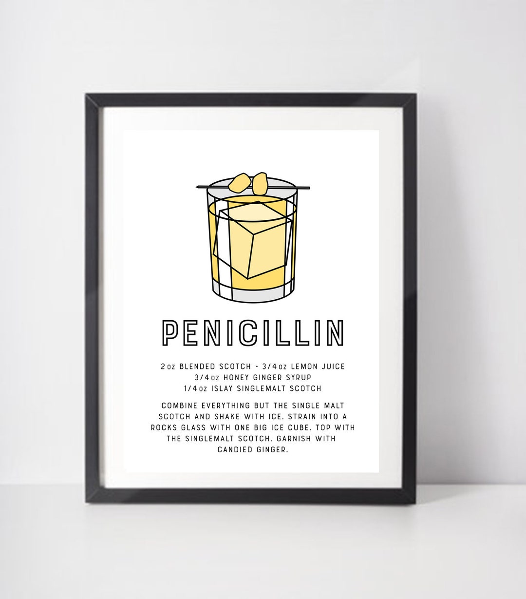 Penicillin Cocktail Poster Art Print With Classic Cocktail Recipe ...
