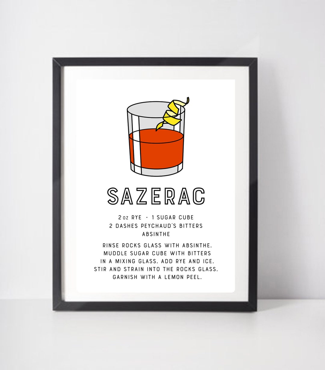 Sazerac Cocktail Poster Art Print With Classic Cocktail Recipe. Drinks ...