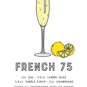 French 75 Cocktail Print Art Poster With Classic Cocktail Recipe ...