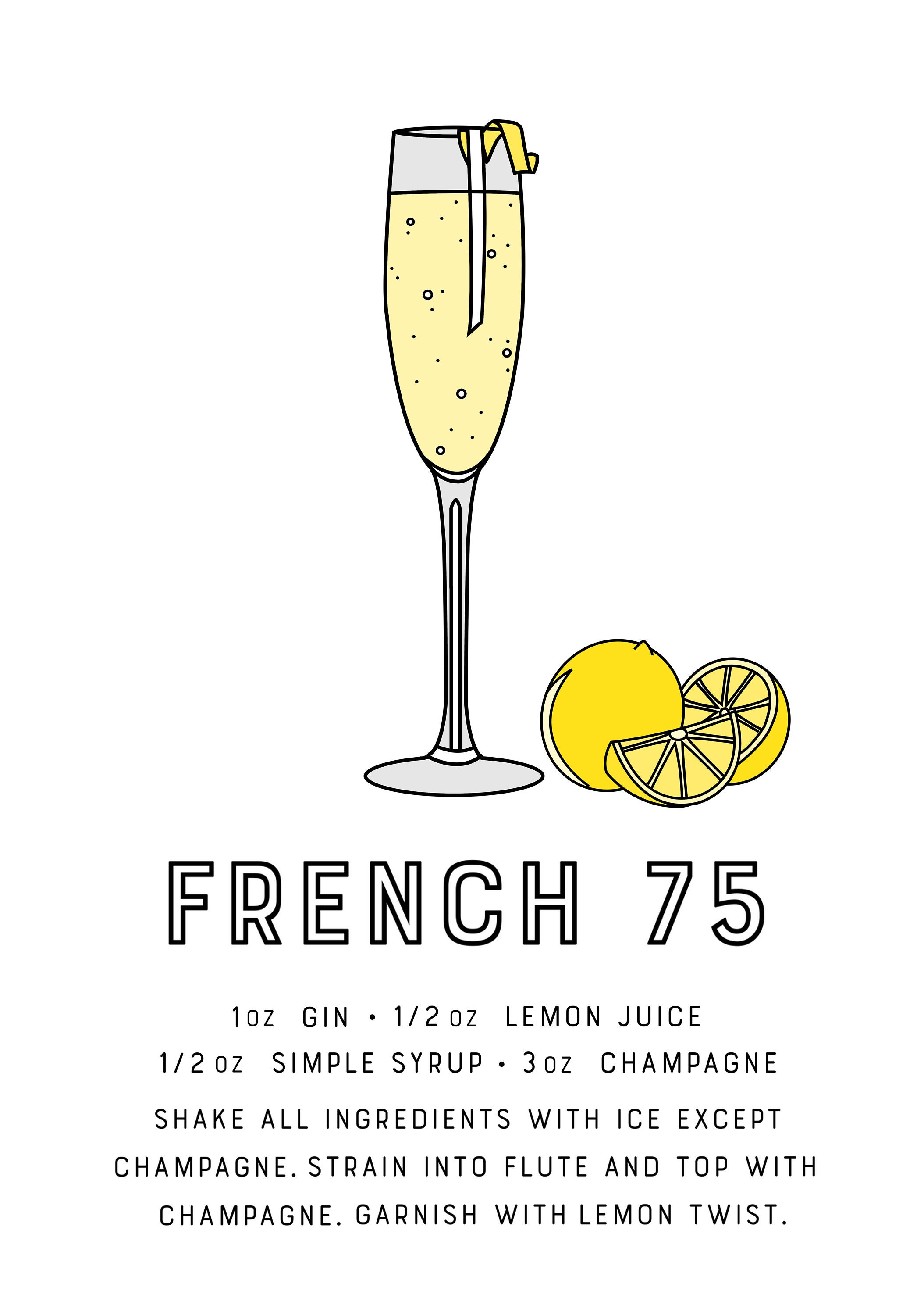 French 75 Cocktail Print Art Poster With Classic Cocktail - Etsy