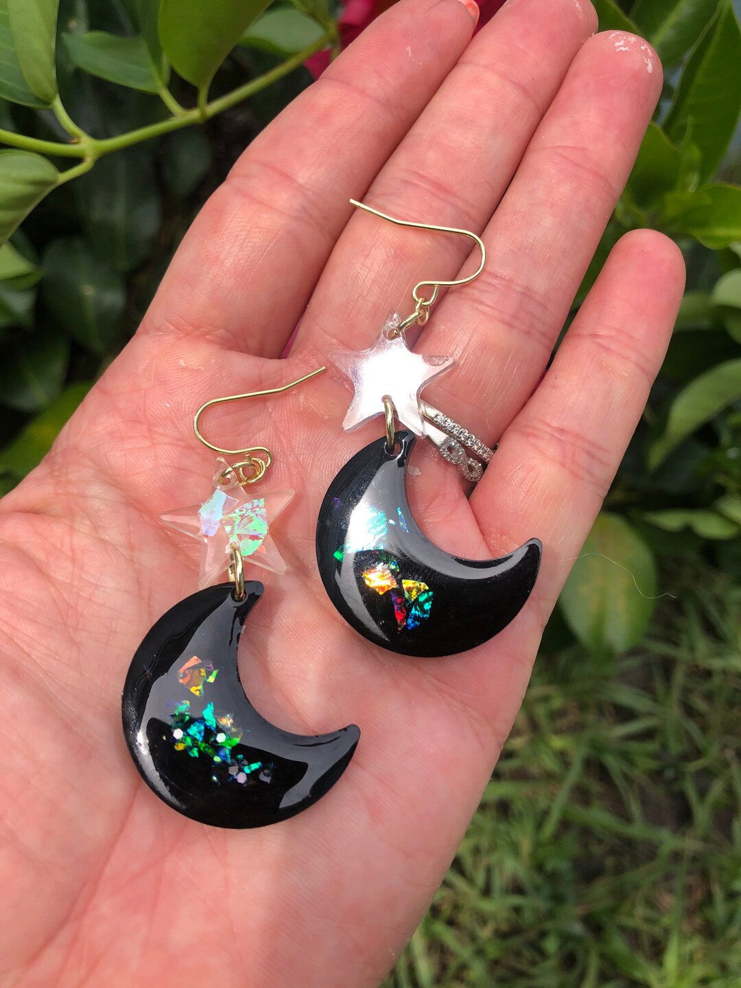 Black Resin Moons With Opalescent Flakes and Clear Resin Star Earrings ...