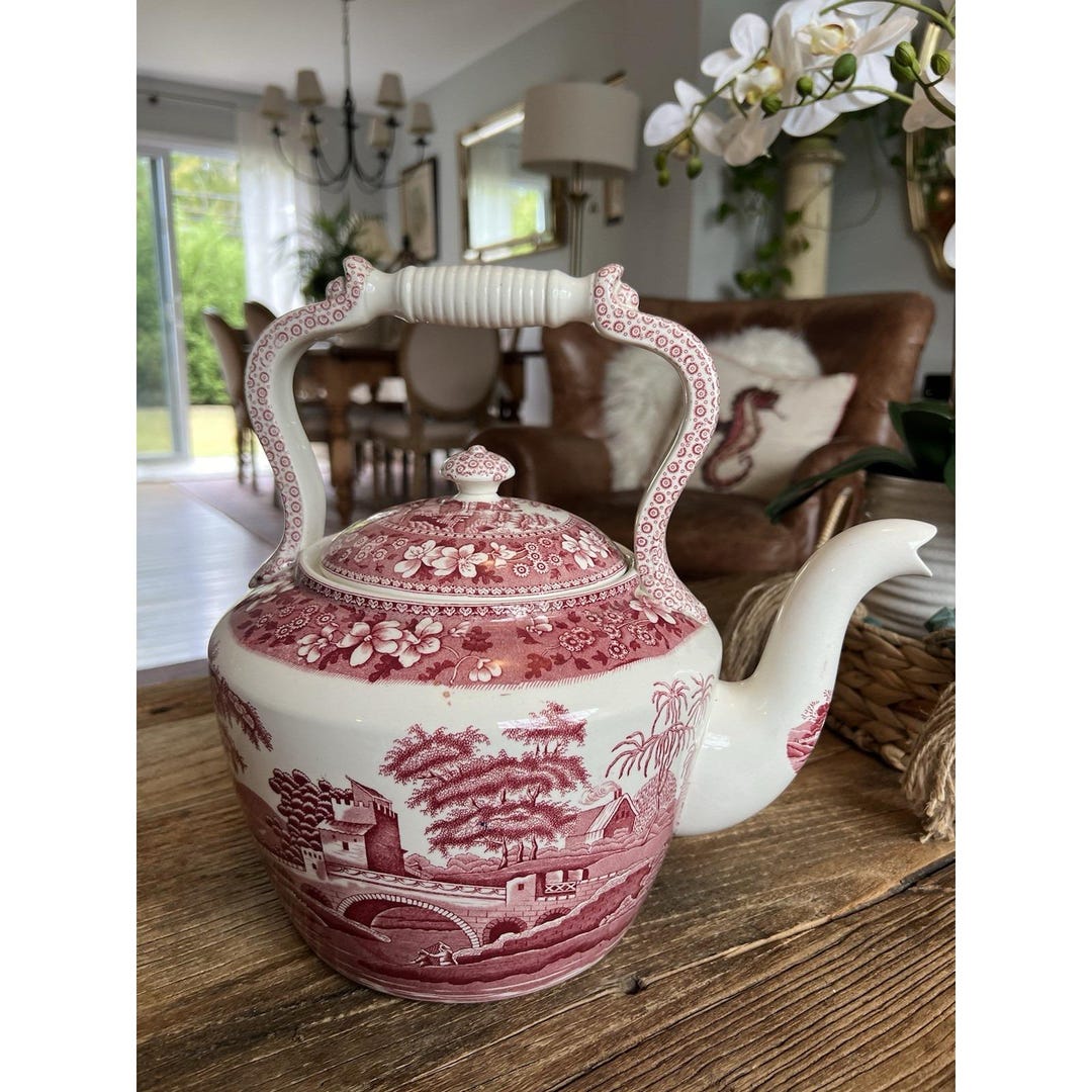Copeland Spode’s Tower Pink/red Italy Tea Kettle Pot 12” Transferware ...