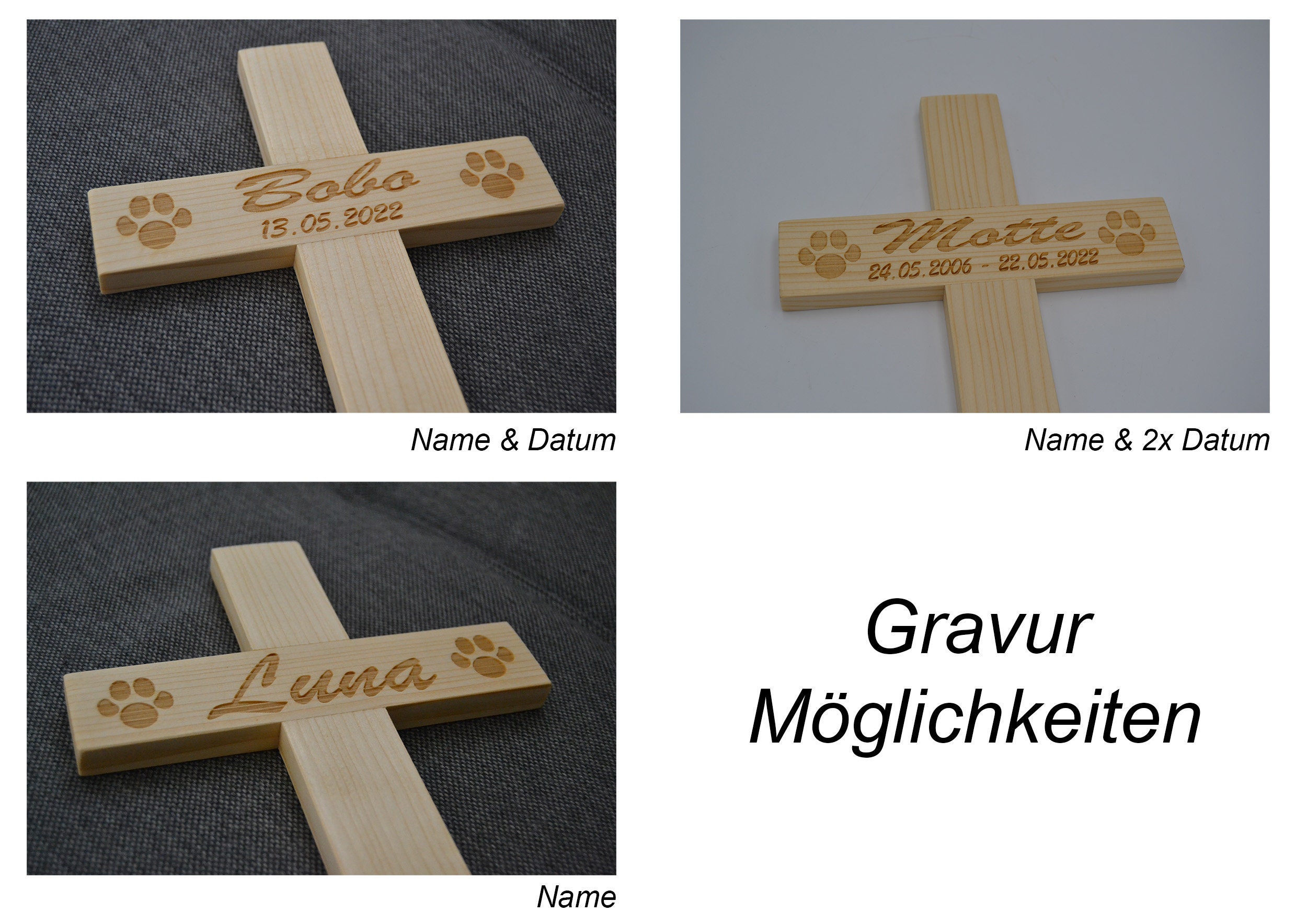 Holzkreuz Natur Grabschmuck mit persönlicher Gravur für Tiere ...